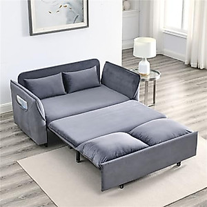 ADUH 57" Convertible Sofa Bed with 2 Detachable Arm Pockets, Velvet Loveseat Multi-Position Adjustable Sofa with Pull Out Bed