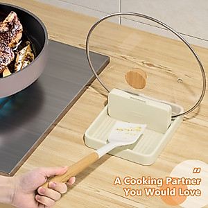 Ceinun Spoon Rest with Pot Lid Holder for Kitchen Counter, Spatula Spoon Fork Holder for Cooking, Ladle Pot Lid Holder with Spoon Rest Suitable for Different Sizes of Pot Lids & Spoons (White 1 Pack)