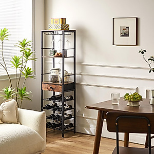 IBUYKE Wine Rack Freestanding Floor, Bar Cabinet for Liquor and Glasses,4-Tier Wood Coffee Bar Cabinet,Glass Holder and Storage Drawer for Home Bar Kitchen Living Room,Rustic Brown UTMJ905H