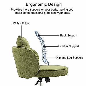 Pvillez Office Desk Chair No Wheels Polyester Fabric Armless Home Office Desk Chair Office Chair Vanity Chair Adjustable Swivel Home Office Computer Chair Task Chair w/Pillow&Silver Base (Green)