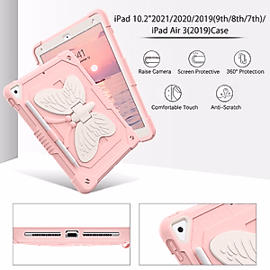 DUEDUE for iPad 10.2 9th/8th/7th Generation Case 2021/2020/2019, Butterfly Wings Kickstand with Pencil Holder Heavy Duty Rugged Shockproof Case for New Apple iPad Air 3 10.5, Beige/Pink