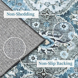 GarveeHome Washable Area Rug Moroccan Trellis Living Room Rug Non-Slip Stain Resistant Accent Rug Vintage Distressed Floral Floor Cover Carpet for Bedroom Laundry Room, 4' x 6', Blue/Grey