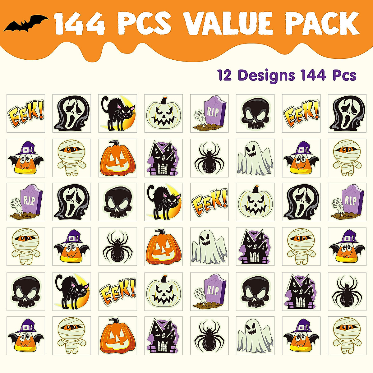 JOYIN 144 PCS Halloween Glowing Temporary Tattoos for Kids, 12 Designs Luminous Halloween Tattoo stickers, Glow in The Dark Party Supplies Decoration, Party Favors Games Prizes, Trick or Treat Gifts