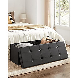 SONGMICS 43 Inches Folding Storage Ottoman Bench, Storage Chest, Footrest, Coffee Table, Padded Seat, Faux Leather, Holds up to 660 lb, Black ULSF701