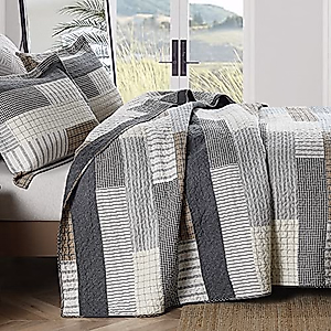Quilts Queen Size, Queen Quilt Bedding Set Bedspread, 100% Cotton Patchwork Quilt for Queen Bed, 3 Pieces Plaid Farmhouse Reversible Lightweight Comforter Bed Spread for All Season, Grey/Tan/Black