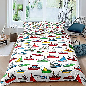 Boat Print Bedding Duvet Cover Set Boys Kids Child Nursery,Nautical Theme Comforter Cover Colorful Red Ferry Sailboat Cartoon Pattern Bedspread Quilt Cover,Decor 2 Pcs Twin Size