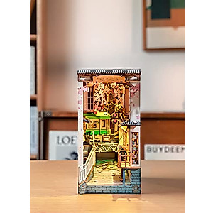 ROBOTIME DIY Book Nook Kit Decorative Bookend Insert Bookcase Book Stand Miniature House Kit with LED Light Creative Gift for Birthdays (Sakura Tram)