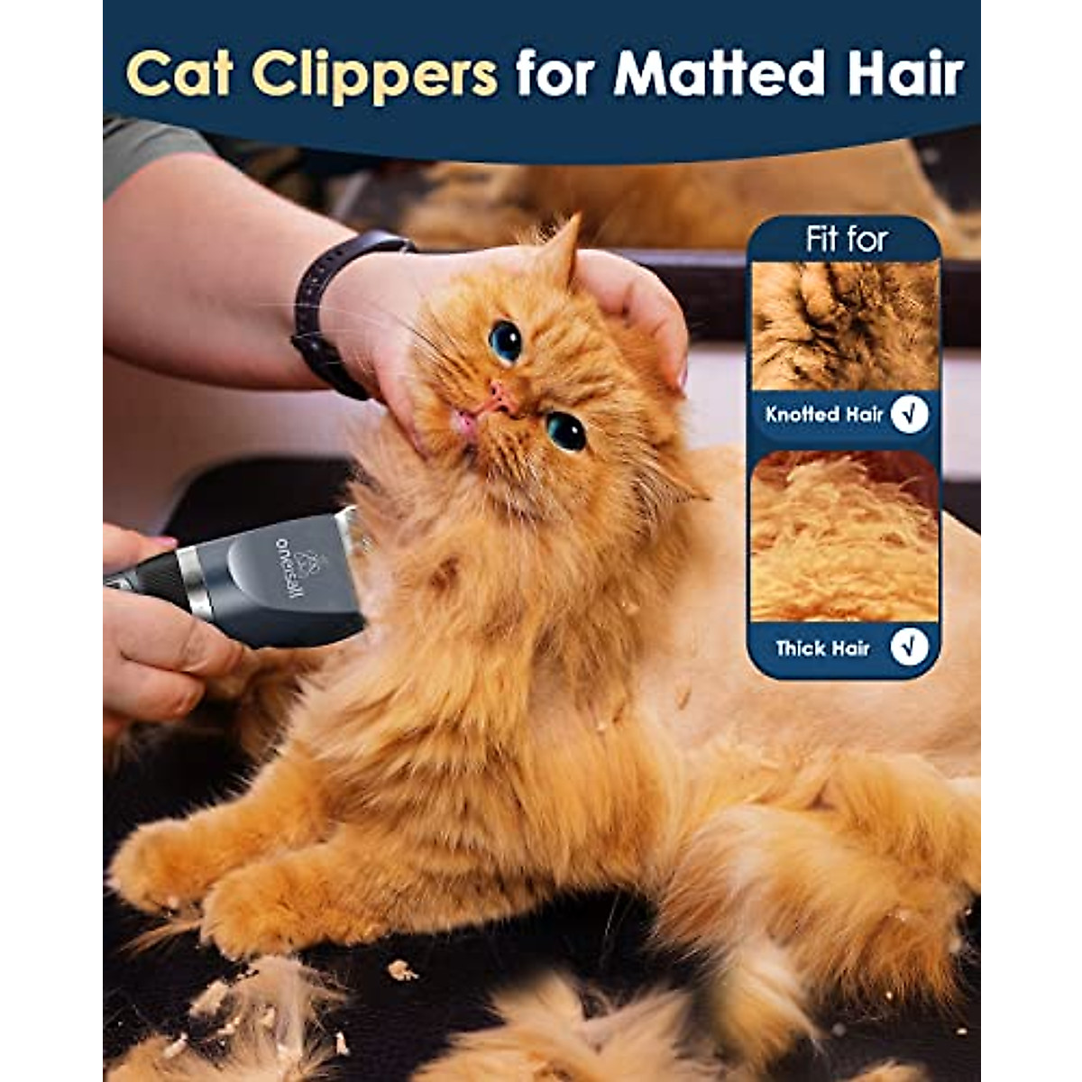 oneisall Cat Grooming Clippers for Matted Hair, 2-Speed Cat Grooming Kit Cordless Low Noise Pet Hair Clipper Trimmer for Dogs Cats Animals (Blue)