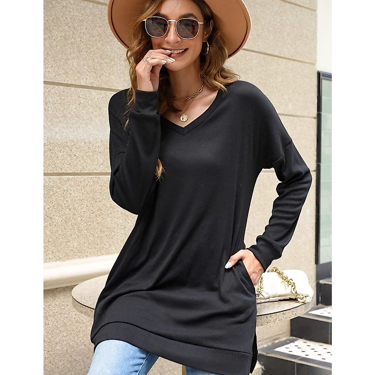 LERUCCI Womens Casual Long Sleeves Solid V-Neck Tunics Tops with Pockets Black X-Large