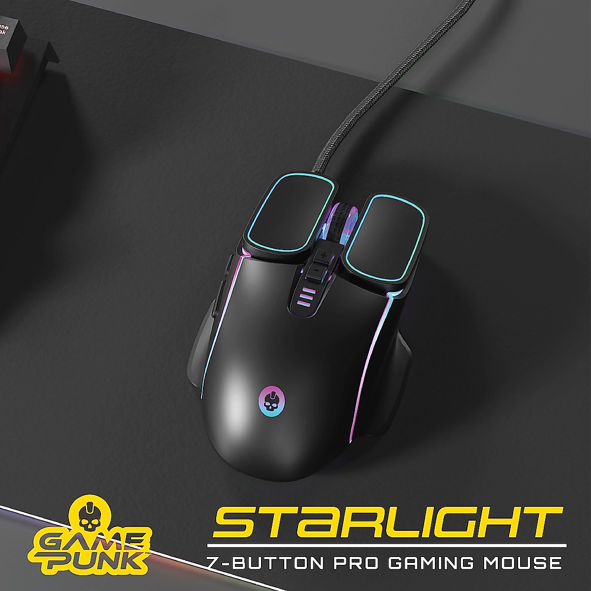 Game Punk RGB Pro Gaming Mouse with LED Lights | Computer Mouse Wired w/ 7 Buttons | Universal Wired Mouse, 3600 DPI, Side Buttons for Video Games, Game Consoles | PC Gamer Mouse for PS5, XBOX, Laptop