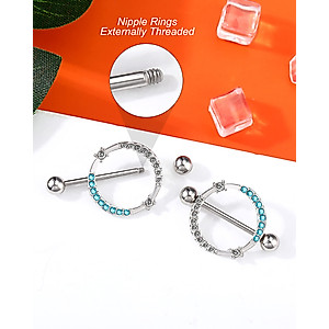 Melighting 14G Nipple Rings Shiny Stainless Steel 316L Clear Blue CZ Dainty Round Nipple Barbell Nipple Bars Body Piercing Jewelry for Women