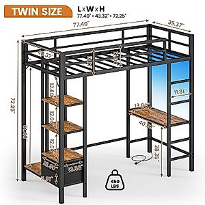 Hasuit Loft Bed Twin Size with Desk and Charging Station Metal Twin Loft Bed with LED Lights, 4 Storage Shelves and 2 Fabric Drawers, Twin Size Loft Bed with Safety Guard, Clothes Rail & Ladder, Black