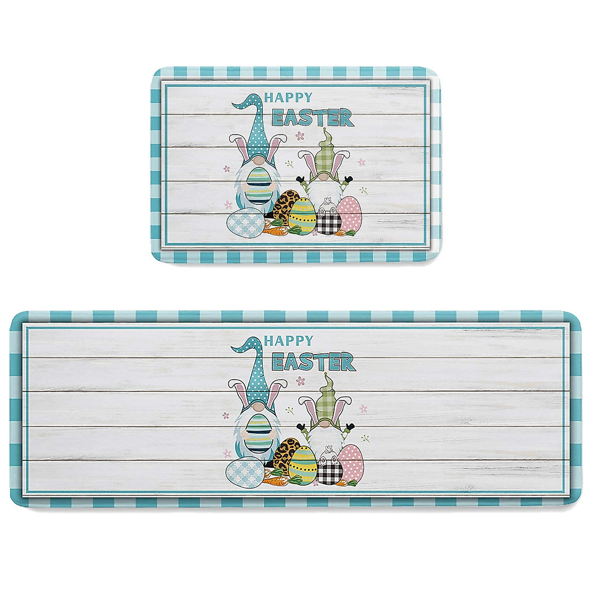 Possta Decor 2 Piece Kitchen Mats Dwarf Blue Plaid Bunny Easter Egg,Non Slip Doormats Area Runner Rug Set,Gnome Flower Retro Wood Grain Super Soft Comfort Standing Mat for Bedroom Living Room