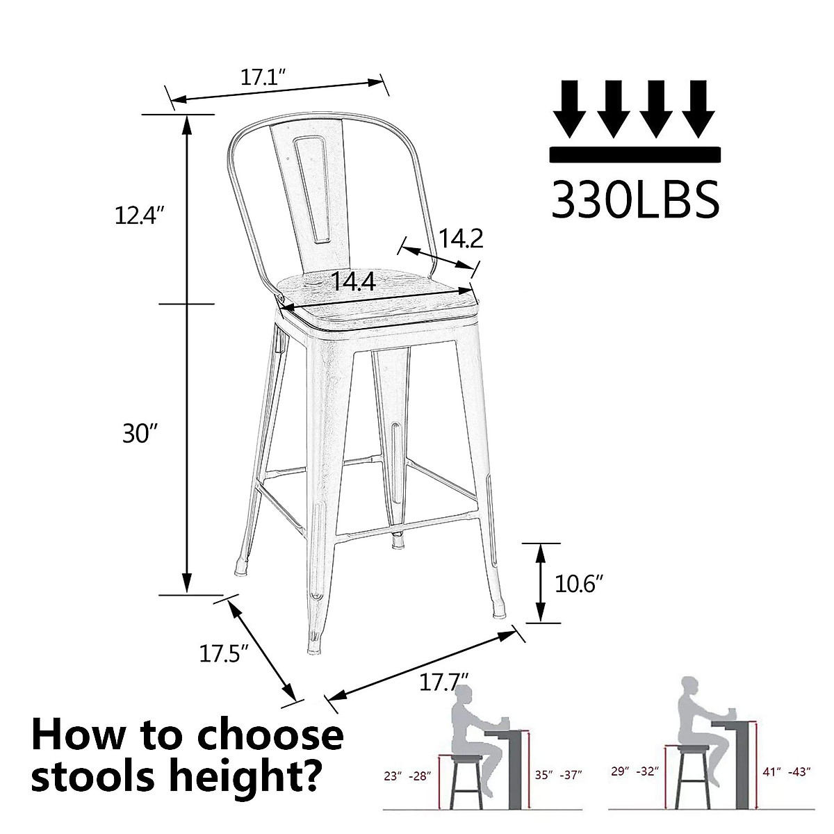 Alunaune 30" Swivel Metal Bar Stools Set of 4 High Back Counter Height Barstools Industrial Dining Bar Chairs with Large Wooden Seat-Matte Black