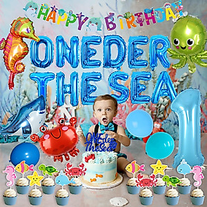 Under The Sea 1st Birthday Decorations - Ocean Ocean Theme First Birthday Party Decorations Ocean Blue Balloons, Oneder The Sea Crab Shark Octopus Seahorse Foil Balloon, Ocean Cake Cupcake Topper