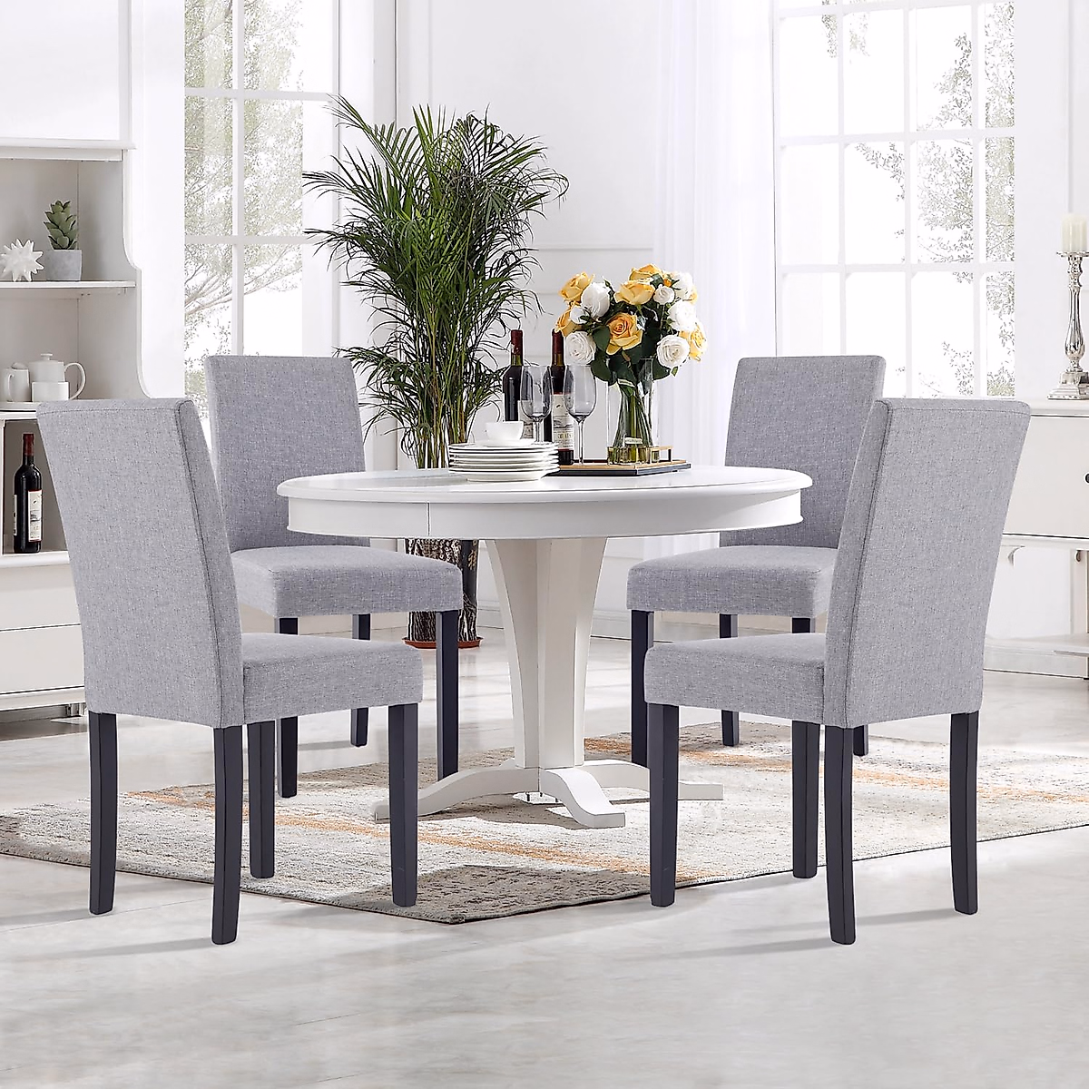 Zanzio Set of 2 Dining, Upholstered Fabric Side Chair Ergonomic High Back Armless with Wood Legs and Padded Seat, Light Gray
