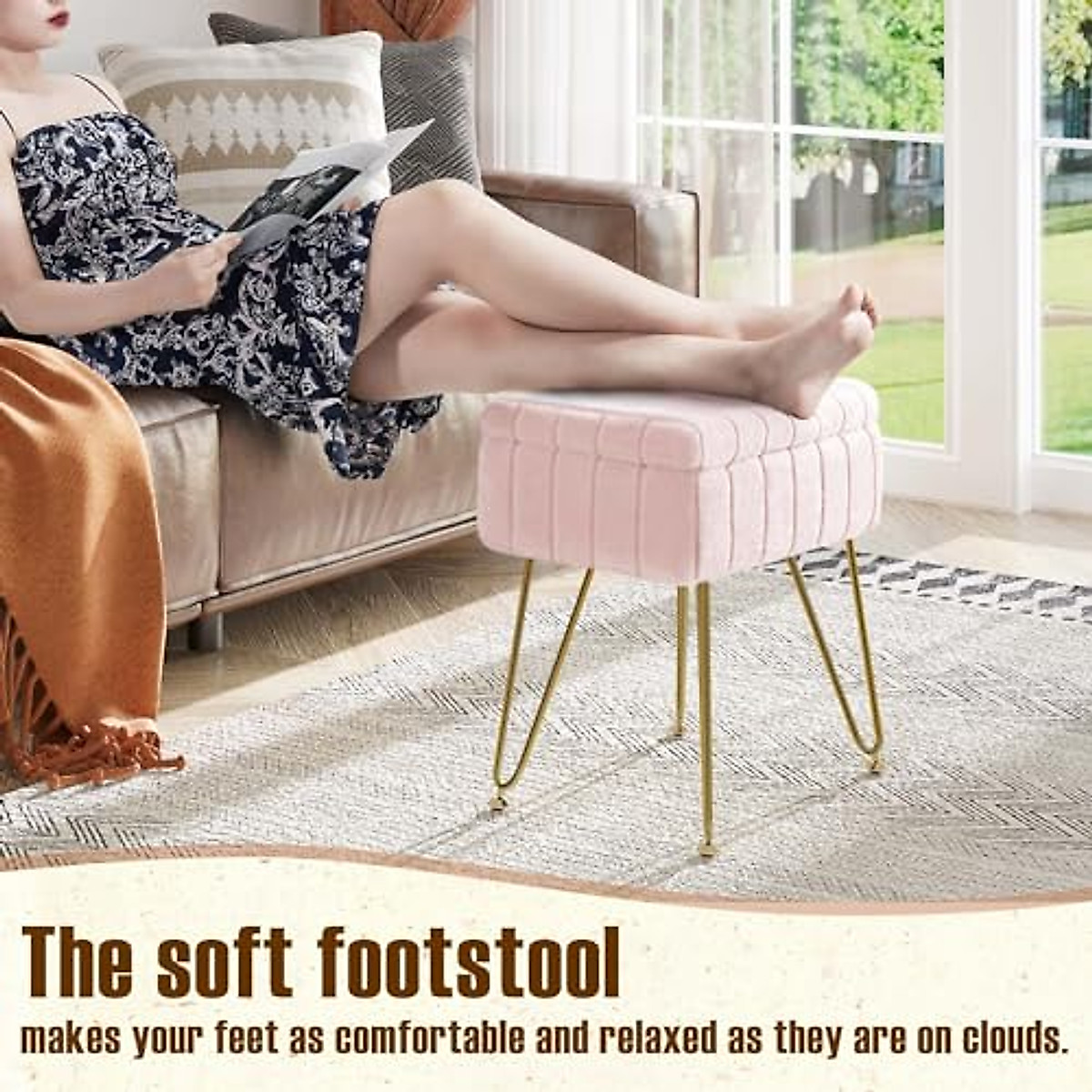 Greenstell Vanity Stool Chair Faux Fur with Storage, 15.7"L x 11.8"W x 19.4"H Soft Ottoman 4 Metal Legs with Anti-Slip Feet, Furry Padded Seat, Modern Multifunctional Chairs for Makeup, Bedroom Pink