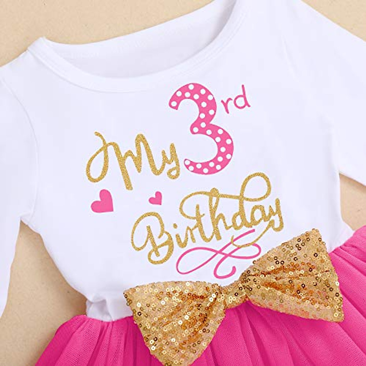 My 1st 2nd 3rd Birthday Party Dress for Baby Girl Princess Pageant Party Sequin Bow Tutu Dress Headband Infant Toddler Playwear Dress Ruffle Skirt Cake Smash Outfit 001 Hot Pink - 3rd Birthday 3 Years