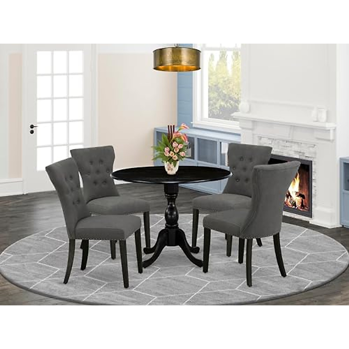 East West Furniture DMGA5-ABK-50 5 Piece Dining Room Table Set Includes a Round Dining Table with Dropleaf and 4 Dark Gotham Linen Fabric Upholstered Parson Chairs, 42x42 Inch, Wirebrushed Black
