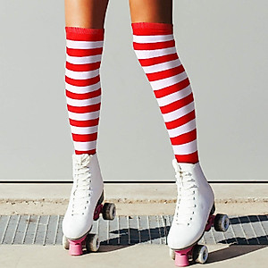 Tatuo 2 Pairs Women's Long Striped Socks over Knee Thigh High Stockings for Halloween St. Patrick's Day Mardi Gras Socks(Red and White)