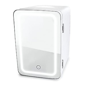 ROHKUS LED Lighted Mini Fridge with Mirror Door Refrigerator, White
