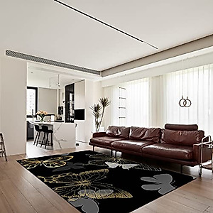 Light Luxury Black Gold Butterfly Area Rug, Simple Floral Decorative Rug, Fluffy Soft Machine Washable Breathable and Durable Suitable for Living Room Bedroom Dining Room Boy Girl Room 2 x 6ft