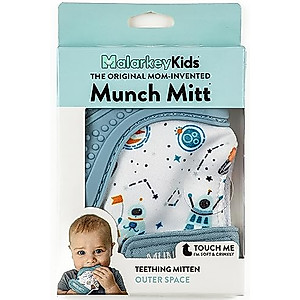 Malarkey Kids Patented Teething Mitten, Munch Mitt Baby Chew Toy - Protects Hands from Chewing & Saliva, Heals Aching Gums, Promotes Sound & Visual Stimulation for Babies - Outer Space