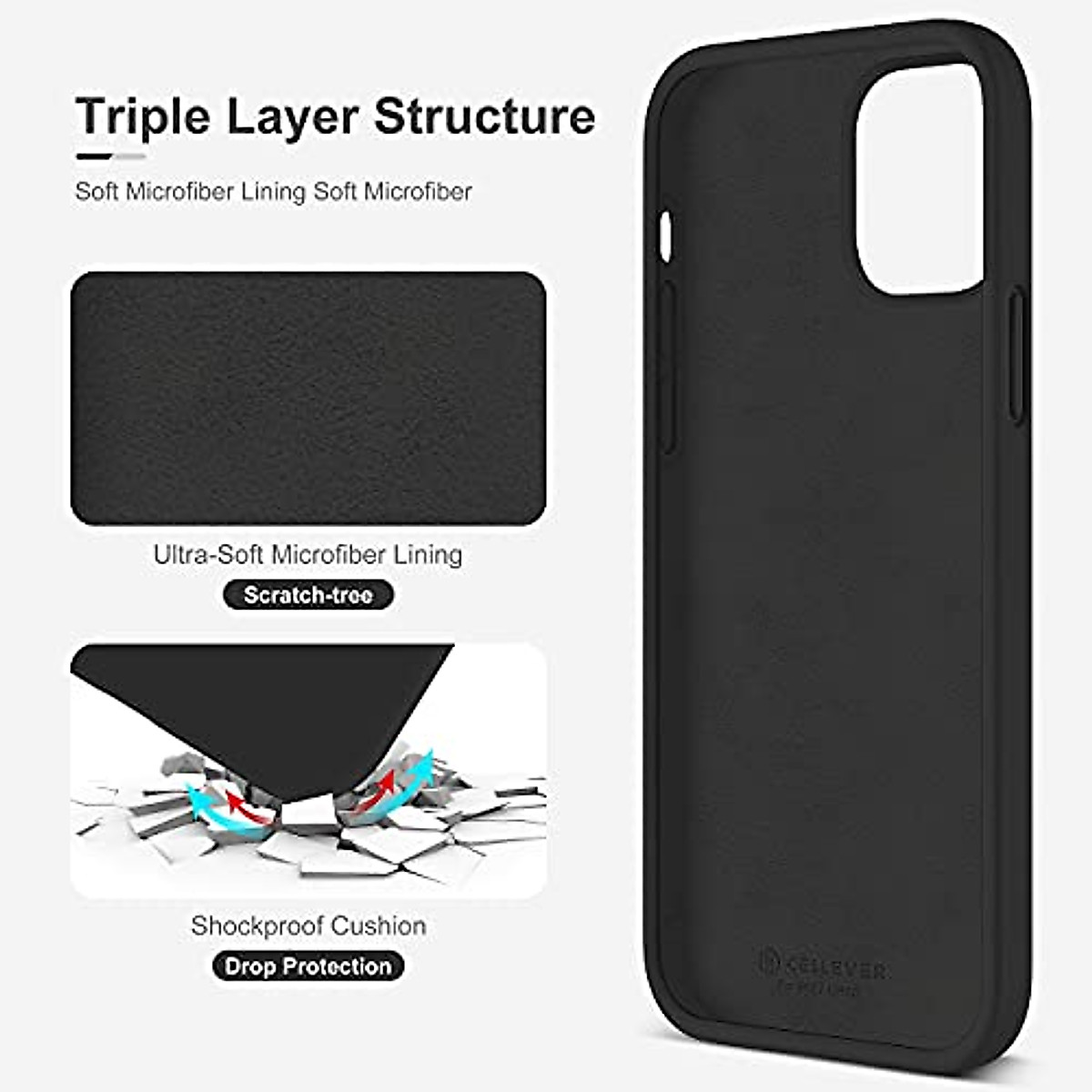 CellEver Silicone Case for iPhone 12, 12 Pro Slim Fit [2 Tempered 9H Glass Screen Protectors Included] Shockproof Phone Cover with [Soft Microfiber Lining] - Black