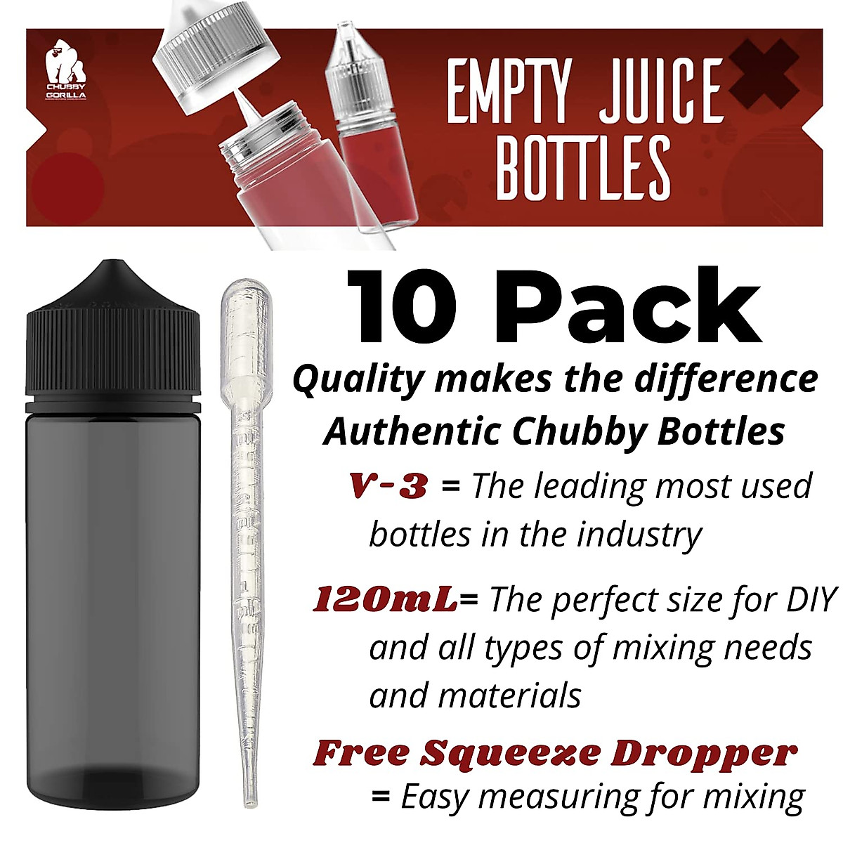 Chubby Gorilla 120mL V-3 Black PET Unicorn Plastic Bottles (10 Pack) - Squeeze bottle, Juice Bottles Authentic Chubby Gorilla Dropper Bottle with Squeeze Dropper