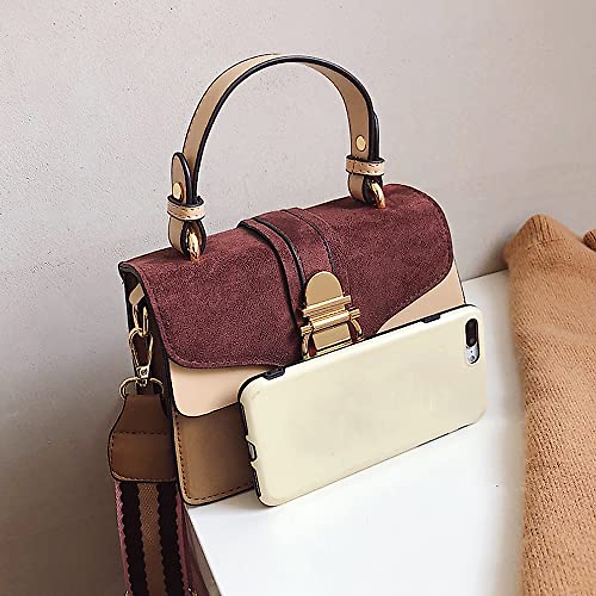 Fashion Suede Top Handle Crossbody Satchel for Women Handbags Purse Casual Classic Shoulder Bag Totes (Red)