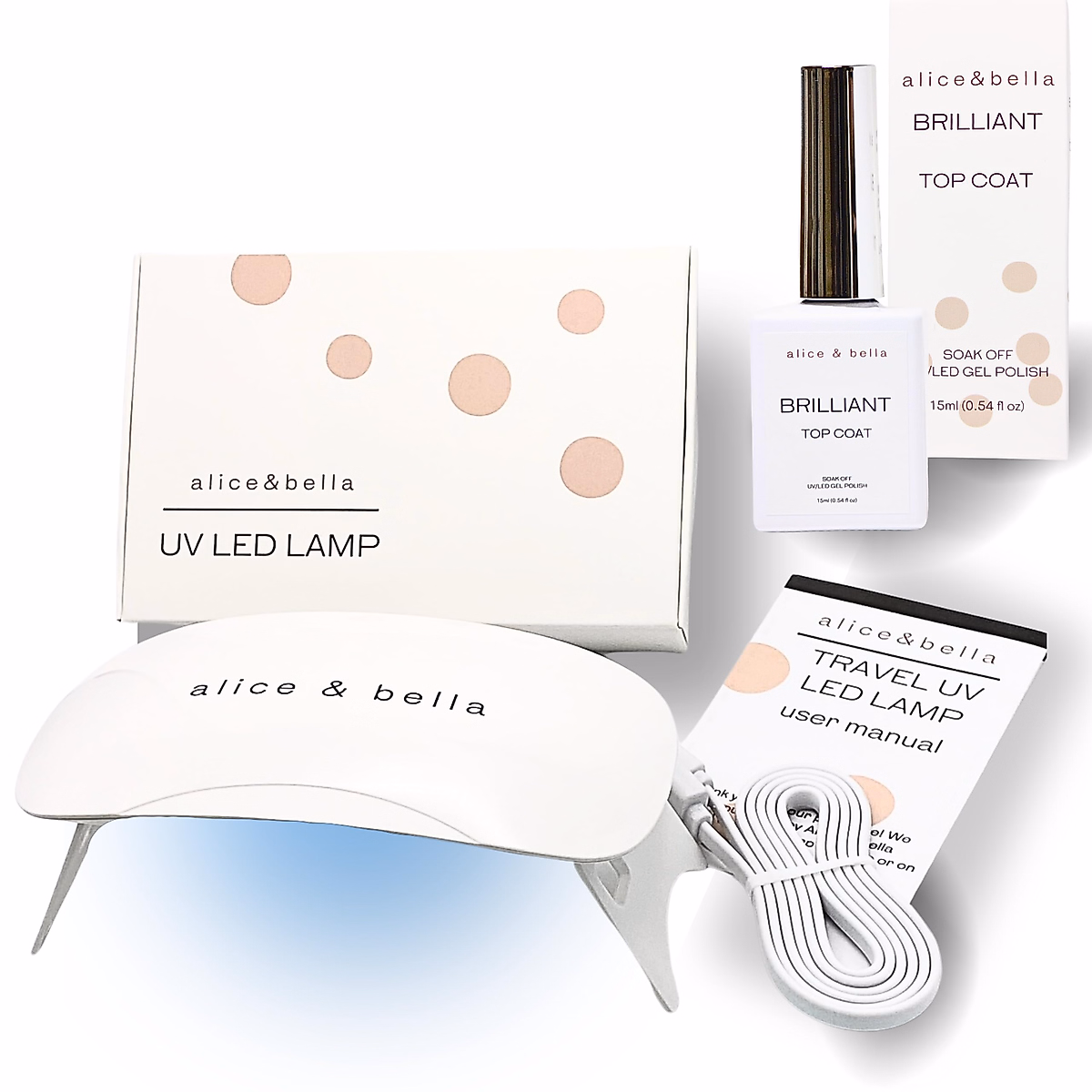 Alice & Bella - UV Nail Lamp +Top Coat Bundle For Any Gel Nail Product Application: Semi Cured Strips, Wraps, Art Stickers, Base Rubber Gel, Natural & Acrylic Nails - Ideal for Home DIY and Nail Salon