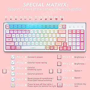 CK98 Wireless Gaming Keyboard and Mouse Combo,Rechargeable RGB White Gaming Keyboard RGB Backlit 98 Keys Mechanical Feeling Dual Color Keyboard and Gaming Mouse 3200DPI for PC Mac Gamers(WhitePink)