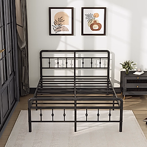 DiaOutro 16 Inch Full Size Bed Frame with Headboard and Footboard, Classic Metal Platform No Box Spring Needed Heavy Duty Victorian Style Iron-Art Mattress Foundation/Under Storage Matte Black DA13