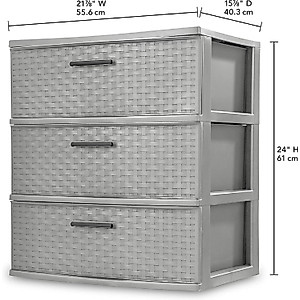 3 Drawer Wide Plastic Weave Tower with Pull Handles,Decorative Storage Drawers for Bedroom, Closet, Office, Cement, 1-Pack