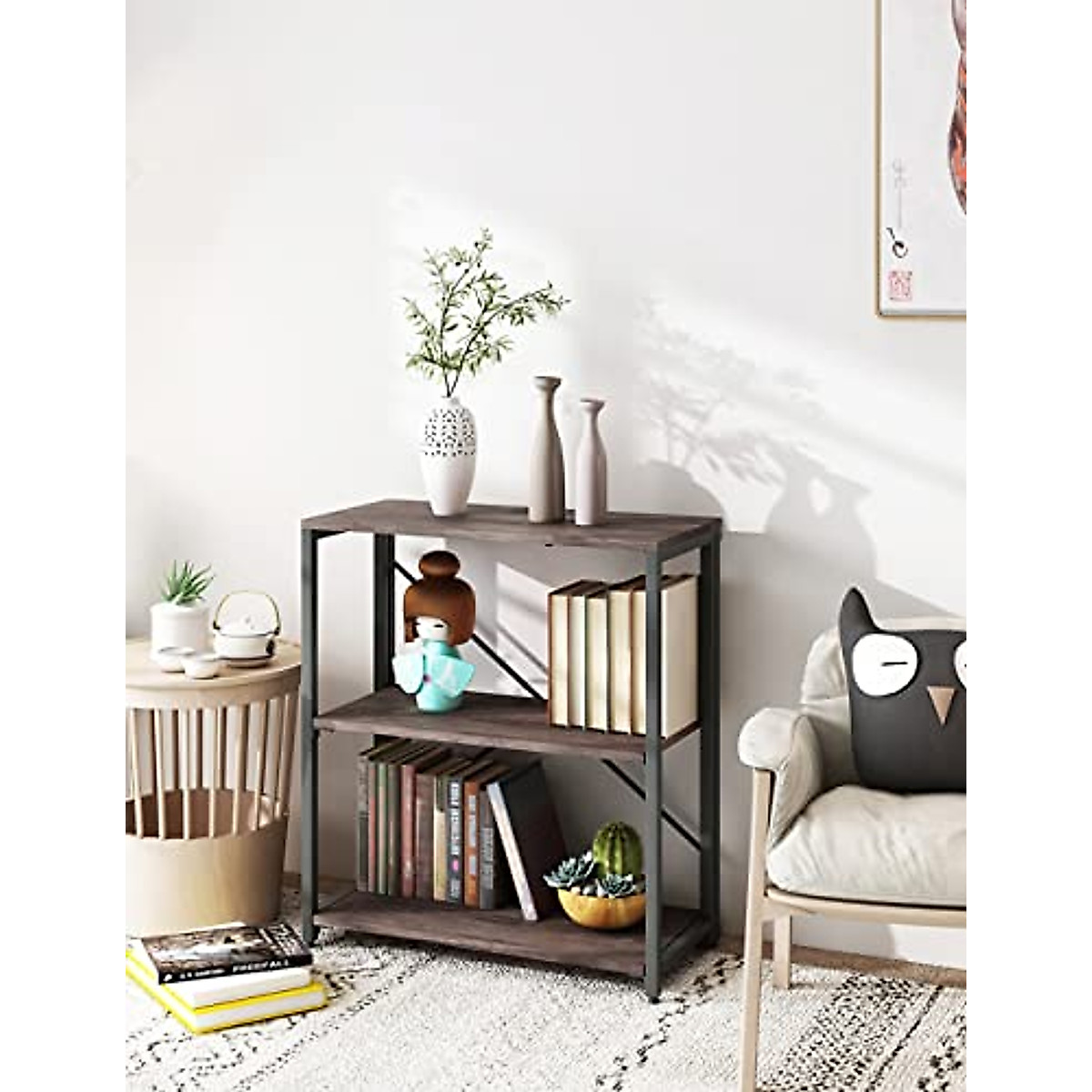 Bookshelf,3-Tier Folding Bookcase,Industrial Book Shelf,Rustic Wood Storage Shelves,Tall Bookshelf,Shelves For Bedroom,Office,Kitchen,Living Room,Study Room,No Assembly Folding Bookshelf,Black