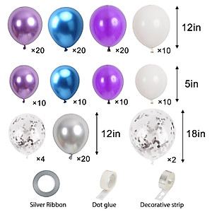 RUBFAC 136Pcs Blue and Purple Balloons Arch Garland Kit, 18/12/5 Inch Metallic Blue Party Balloons Set Silver Confetti Latex Balloons for Birthday Wedding Baby Shower Gender Reveal Deorations