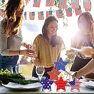 6Pcs 4th of July Patriotic Wooden Glitter Star Signs Table Decor- 4th of July Decorations- Patriotic Party Rustic Farmhouse Wooden Block Signs for Tabletop Centerpiece Tiered Tray Mantle Home Office