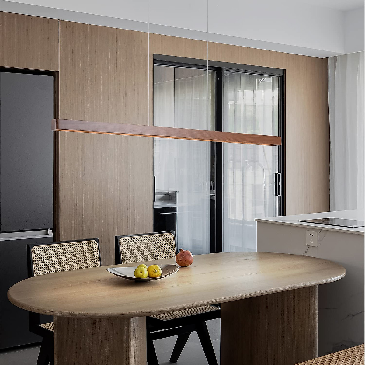 YISDESIGN 59" Wood Linear Pendant Light 40w Integrated Led Pendant Light Dimmable Ceiling Pendant Hanging Light Adjustable Billiard Pool Table Lights for Dining Room Kitchen Island Walnut Color