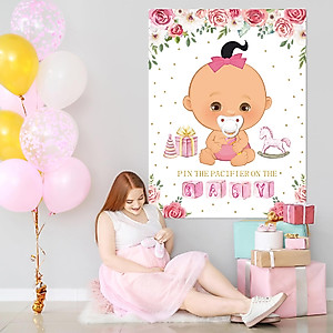 Faccito Pin The Pacifier Baby Shower Games Baby Shower Decoration Include Baby Poster 24 Pacifier Stickers Blindfold Floral Pin Pacifier on Baby Game for Baby Shower Birthday Party Supplies(Pink)