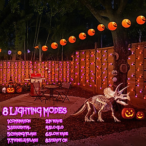 Purple Orange Solar Halloween Curtain Lights Outdoor 300 LED 19.6ft(L)x3.3ft(H) Vertically Extra Length Lights Curtain 8 Versatile Modes Waterproof for Halloween Holiday Decoration Fence Yard Garden