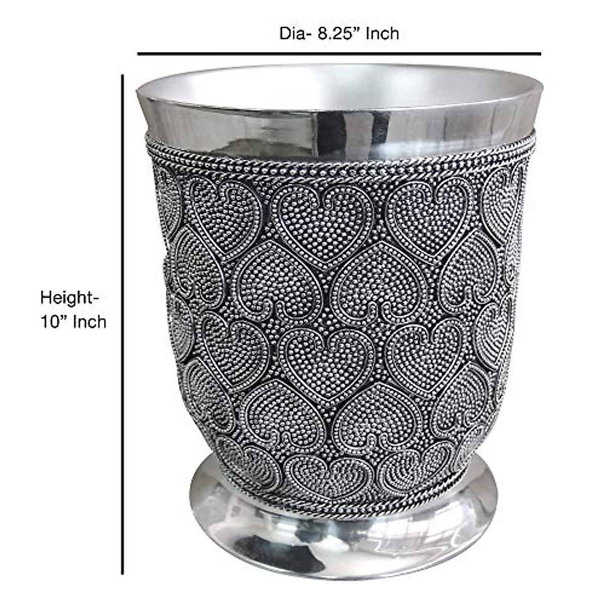 nu steel Beaded Heart Resin Decorative Small Trash Can Wastebasket, Garbage Container Bin for Bathrooms, Powder Rooms, Kitchens, Home Offices-Chrome, Large, Silver