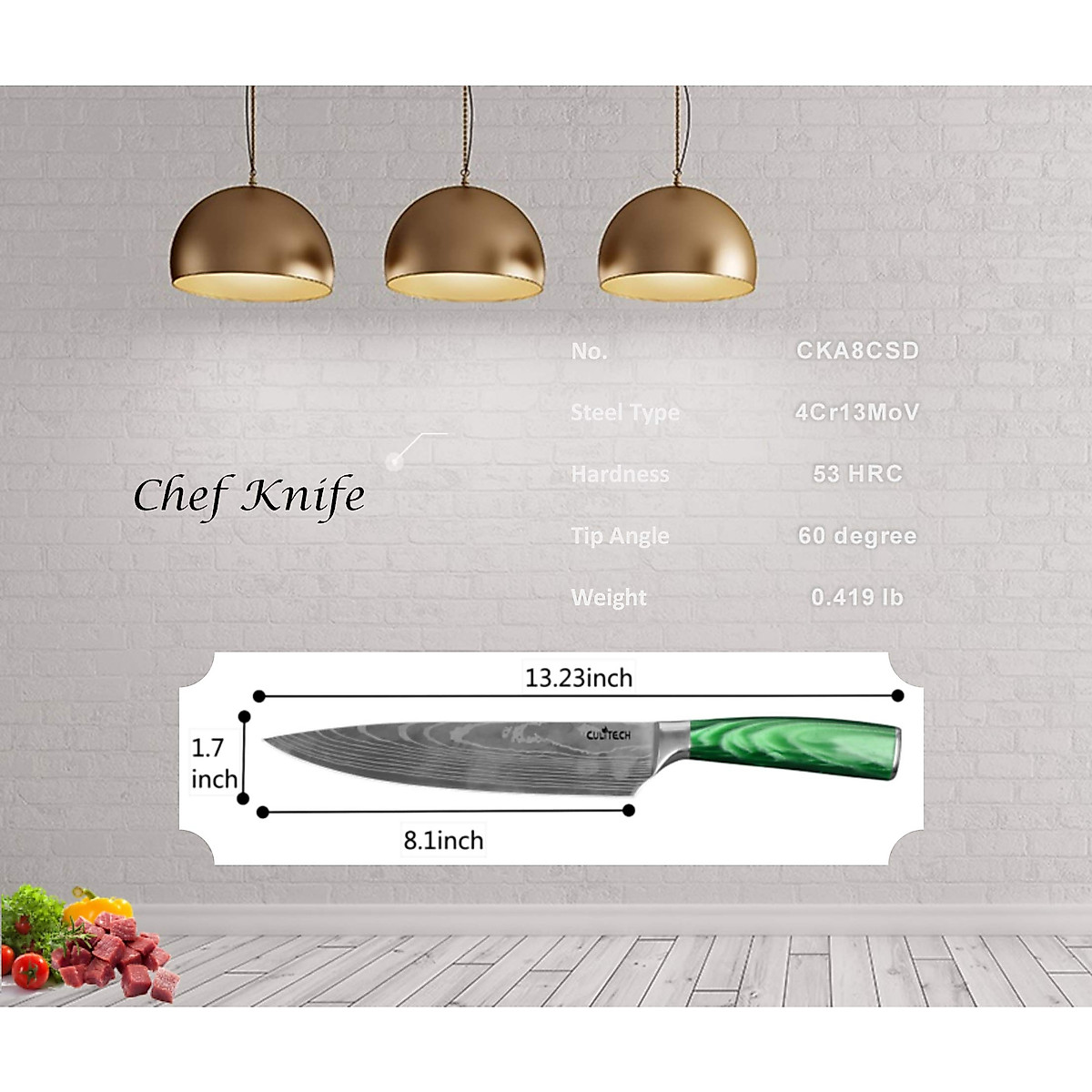 CULITECH Chef Knife, 8 inches Sharp Laser Damascus Pattern Chef Knife with Resin Handle and Sheath,Utility Kitchen Knife for Kitchen and Restaurant used