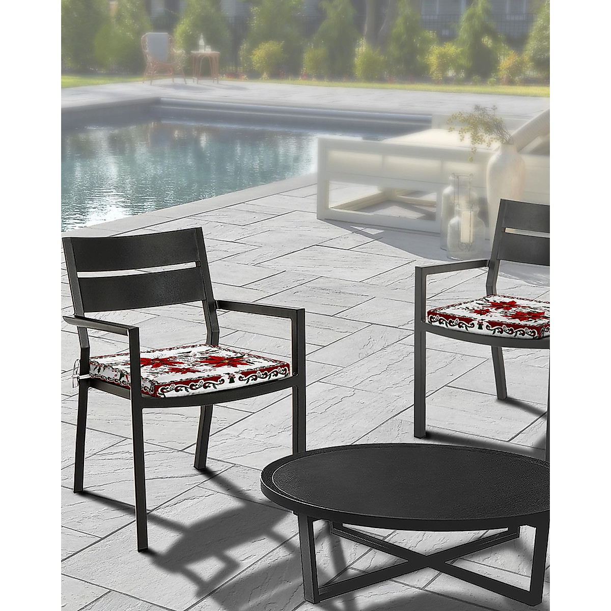 Poinsettia Christmas Outdoor Cushion Chair Cover Set of 2 - Waterproof Couch Seat Covers, Winter Xmas Botanical Merry Christmas Patio Furniture Protector Slipcovers for Sofa/Garden/RV, 20"x18"x4"