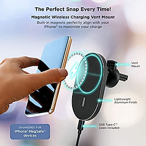 iHome Magnetic Wireless Charging Air Vent Car Mount, 10W, for iPhone 12/13, Compatible with MagSafe Cases (Black)