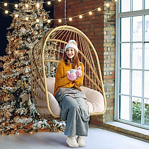 YITAHOME Swing Egg Chair with Cushions 350lbs, Wicker Hammock Chair Foldable Hanging Basket Chair W/O Stand for Outdoor, Indoor, Patio, Bedroom - Beige