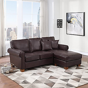 OSP Home Furnishings Rylee Reversible Rolled Arm Sectional Sofa with 2 Pillows and Coffee Finished Legs, Cocoa Faux Leather