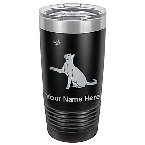 LaserGram 20oz Vacuum Insulated Tumbler Mug, Cat with Butterfly, Personalized Engraving Included (Black)