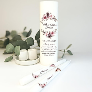 Unity Candles for Wedding, Mr and Mrs Unity Set, Custom and Personalized Pillar and Taper Candles with Bible Quote, Unscented White Premium Wax, Religious and Wedding Ceremony, Special Events