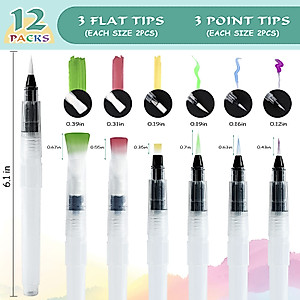 Junreox 12Pcs Watercolor Brush Pens, Premium Water Brush Pen Leakproof with Assorted Tips, Water Brush Pens for Watercolor, Refillable Watercolor Pens, Watercolor Paint Pens, Arts Value Set