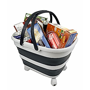 SAMMART 17L(4.5 Gallon) Collapsible Basket with Handle-Portable Outdoor Picnic Basket/Crater with 360˚ Rotating Wheels-Foldable Shopping Bag-Space Saving (Grey/Slate Grey)